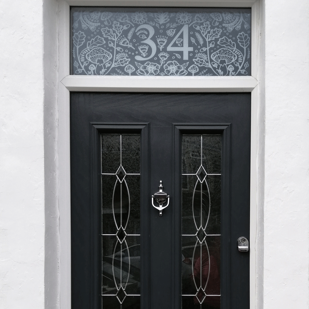 Bespoke Door number window film by Blossom & Brush